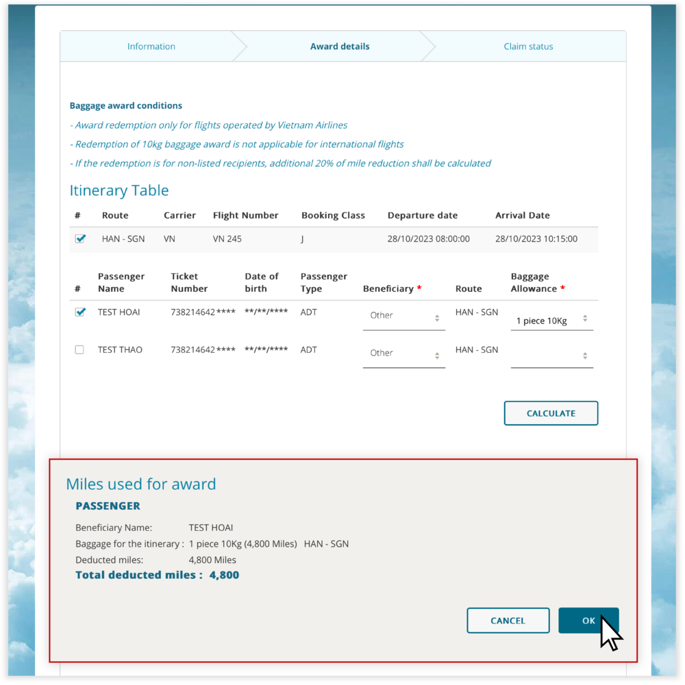 Redeem miles for baggage awards | Lotusmiles | Vietnam Airlines