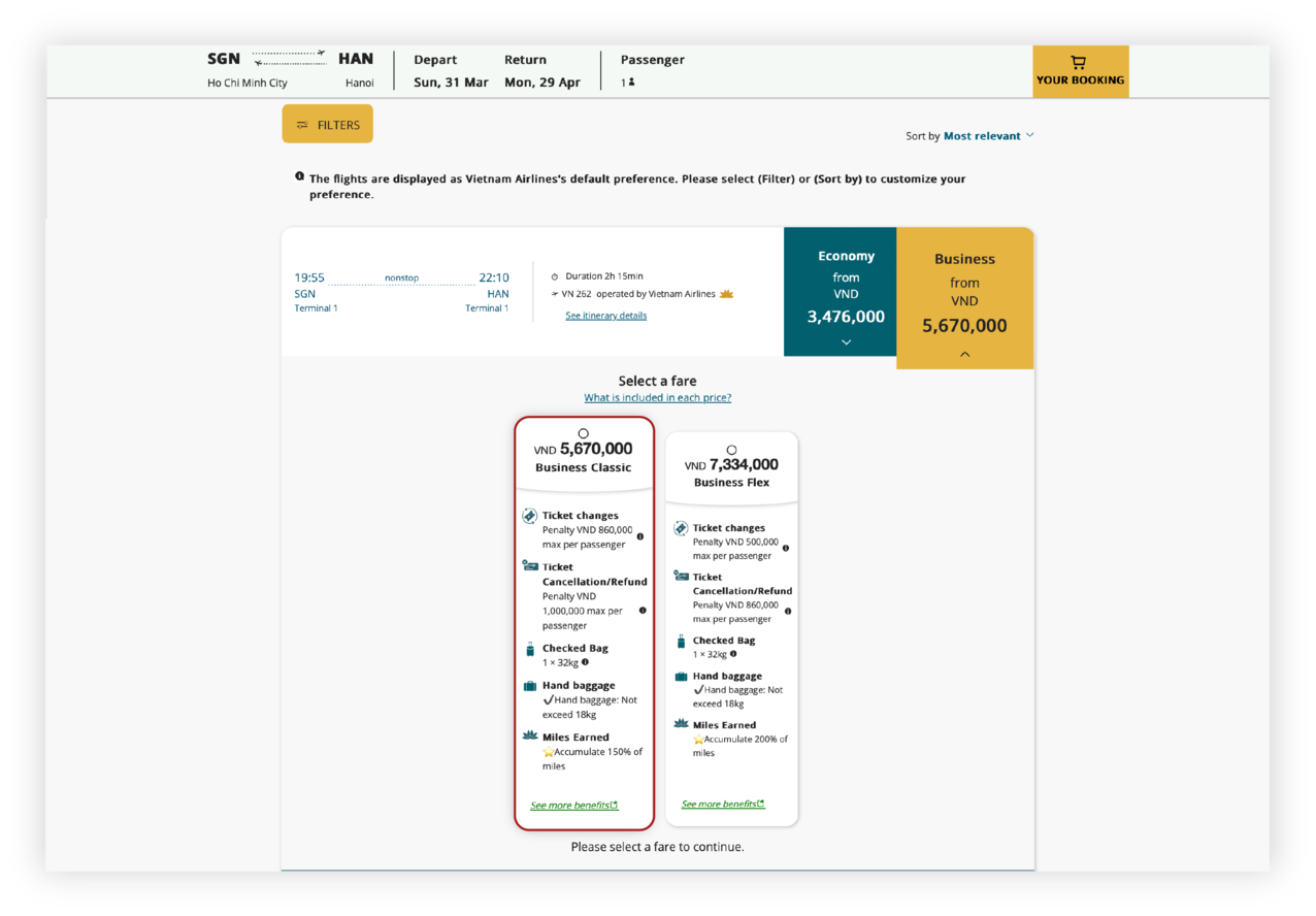 Guides for ticket booking on the Vietnam Airlines’ website