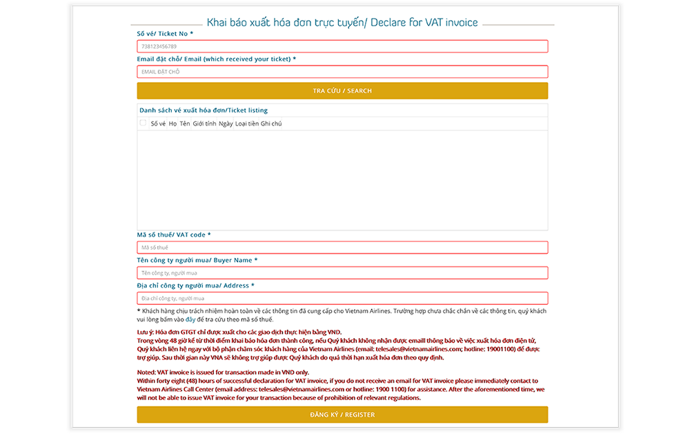 VAT invoice issuance guide | Vietnam Airlines